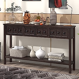 HABITRIO Antique Entry Console Table with Storage Drawers, 60" Long Sofa Table with Two Different Size Drawers and Bottom Shelf for Storage, Living Room Narrow Sofa Entry Table, Entryway (Espresso)