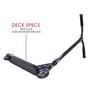 Xspec Pro Stunt Kick Scooter, Unique Oil Slick Anodized Design Trick Scooter, Matte Black Frame, Purple Rainbow Neo Chrome