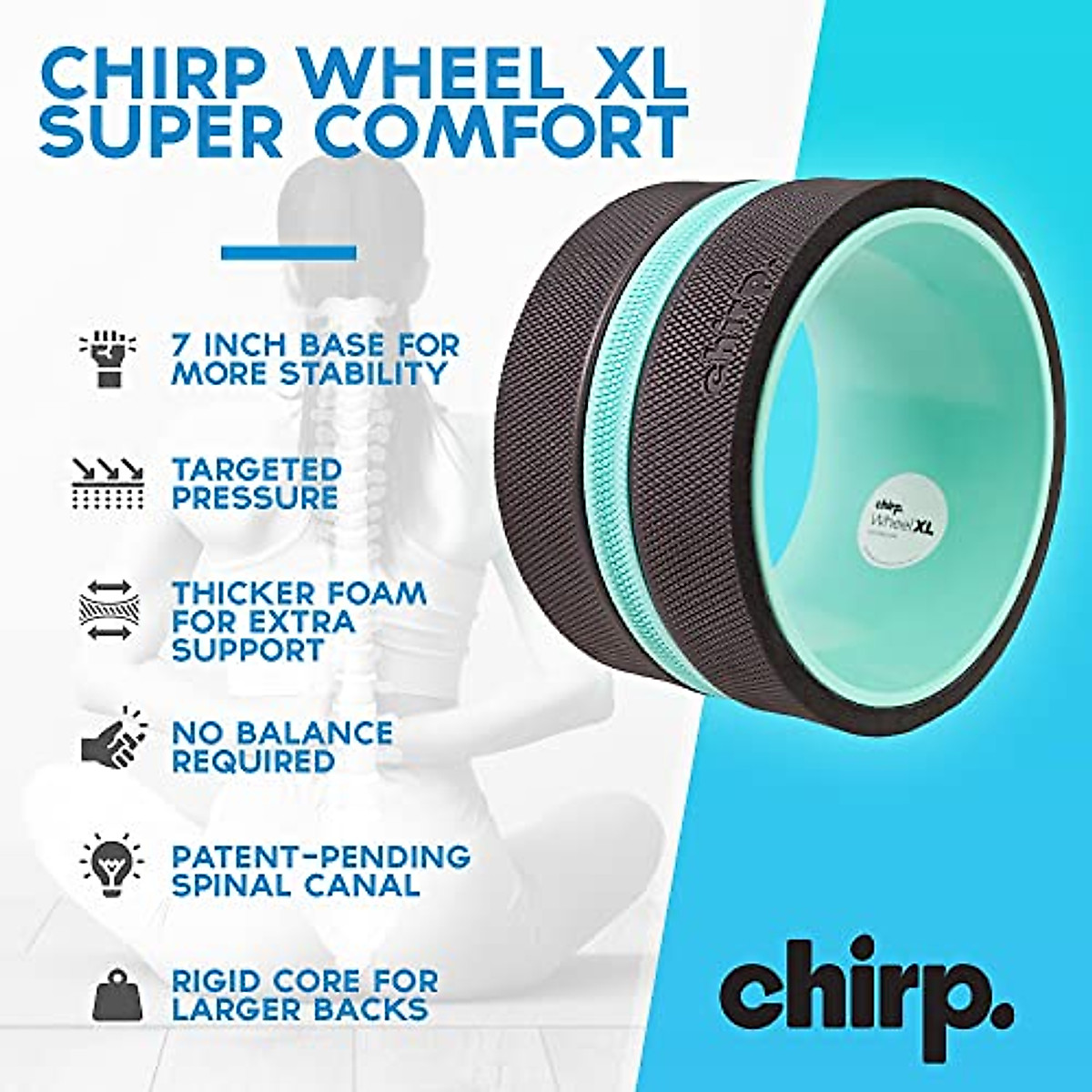 Chirp Wheel XL - Super Comfort Back Massage Roller, X-Large Back Stretcher with Extra Cushion, Wider, More Stable Base, and Sufficient Pressure, Back Cracking Device, Big Wheel Holds Up to 500 lbs.