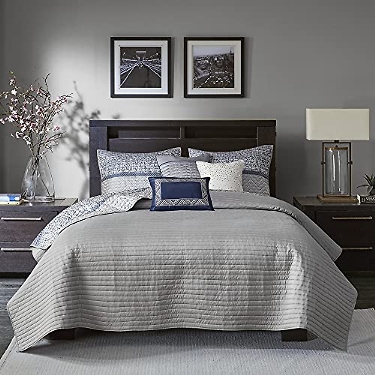 Madison Park King Quilt Set Lustrous Jacquard & Glitter Accent Coverlet Set for King Size Bed - All Season, Lightweight King Quilt Set, Shams, Decorative Pillow, King/Cal King Chevron Grey/Navy
