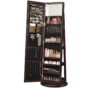 SONGMICS 360° Swivel Jewelry Cabinet, Lockable Jewelry Organizer with Full-Length Mirror, Rear Storage Shelves, Interior Mirror, Jewelry Armoire, Gift Idea, Brown UJJC006R01
