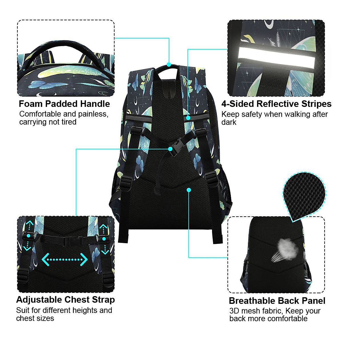 Teal Moth Butterfly Backpacks Travel Laptop Daypack School Book Bag for Men Women Teens Kids