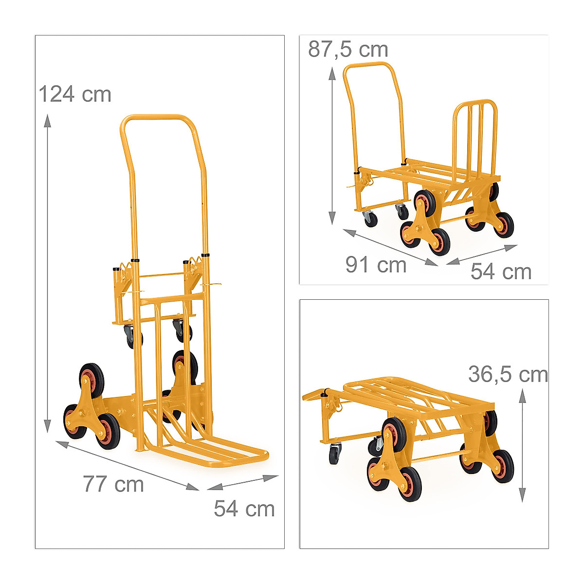Relaxdays Stair Climbing Hand Truck, Folding Cart, up to 50/150 kg, Solid Rubber Tyres, Height Adjustable, Yellow, 124 x 54 x 77 cm