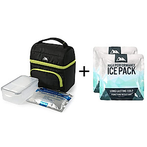 Arctic Zone High Performance Ultimate Secret Insulated Lunch Box Bucket Bag with Leak Proof Food Container and 350g Ice Pack - Black High Performance Ice Pack for Lunch Boxes, Set of 2