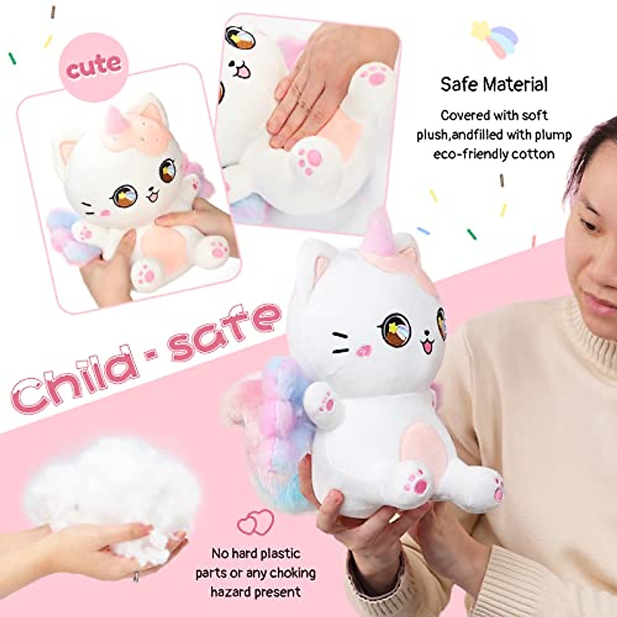 AIXINI Cute Caticorn Plush Stuffed Unicorn Cat Animal Plushie 10" Soft Toy with Rainbow Wings for Girls