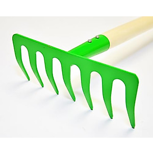 JustForKids Kids Garden Tool Set Toy, Rake, Spade, Hoe and Leaf Rake, reduced size , made of sturdy steel heads and real wood handle, 4-Piece, Multicolored, 5yr+