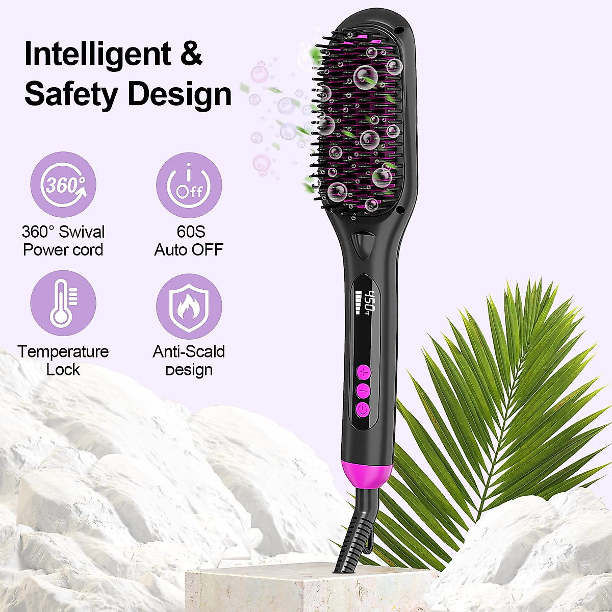 Hair Straightener Brush Hoxida Ionic Anti-Scald Straightening Comb Brush with MCH 30S Fast Heating, 16 Temp Setting Levels, Auto-Off,Hair Straightener Comb for Professional Salon at Home, Dual Voltage