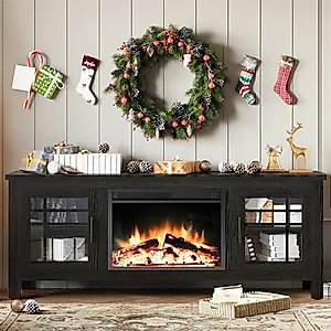 IRONCK 59” TV Stand with 23” Electric Fireplace, Glass Door TV Stand for TVs up to 65", Wood Entertainment Center for Living Room, Bedroom - Black