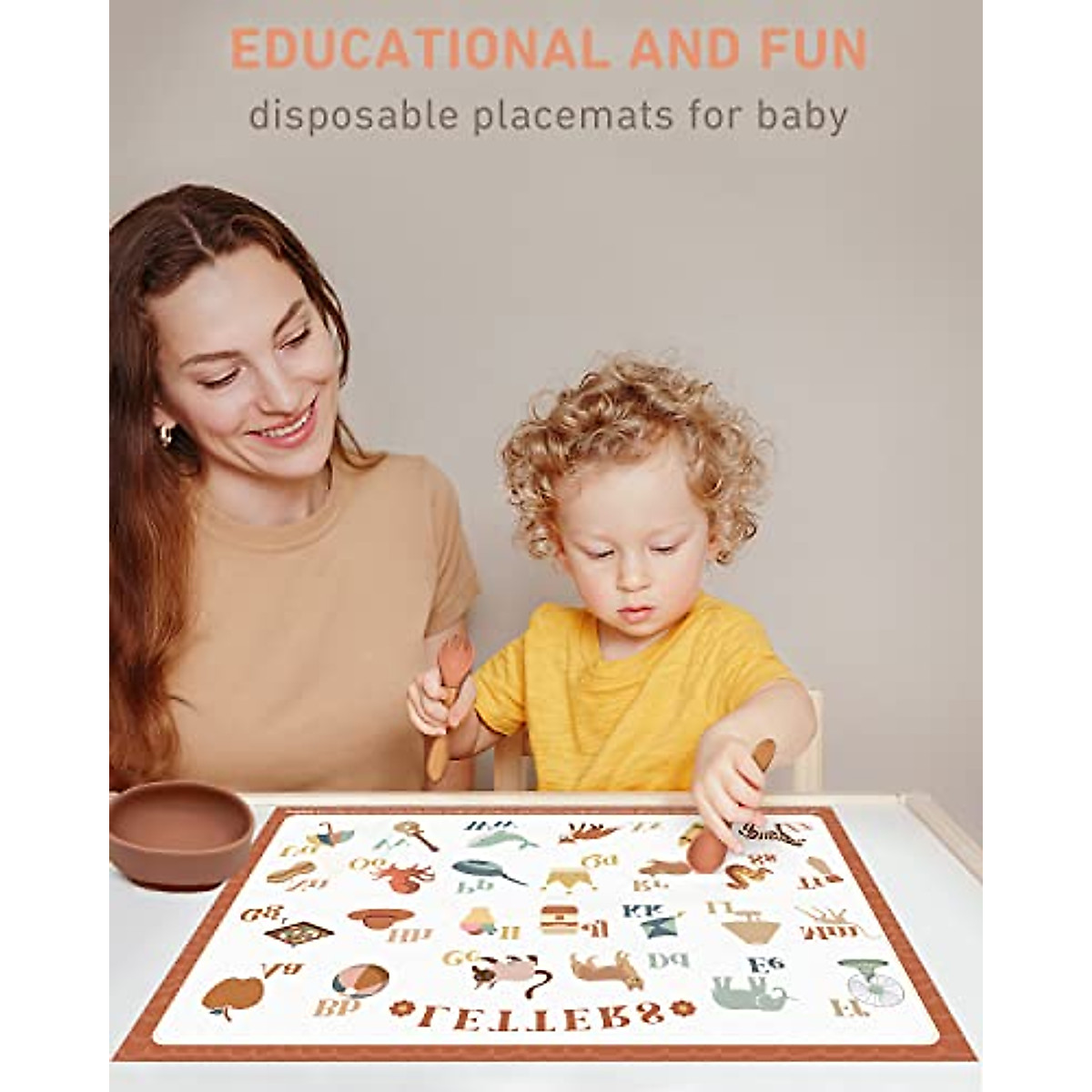 Babebay Disposable Placemats for Baby, 40 Pack Sticky Toddler Placemat for Restaurants, Dining Table, Party, Travel, 12" x 18" Placemats with 4 Designs, Fun and Learning Placemats for Kids