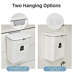 SUBEKYU 2.4 Gal Hanging Trash Can for Kitchen Cabinet Door with Lid, Small Under Sink Garbage Can for Bathroom, Wall Mounted Counter Waste Compost Bin, Plastic (White)