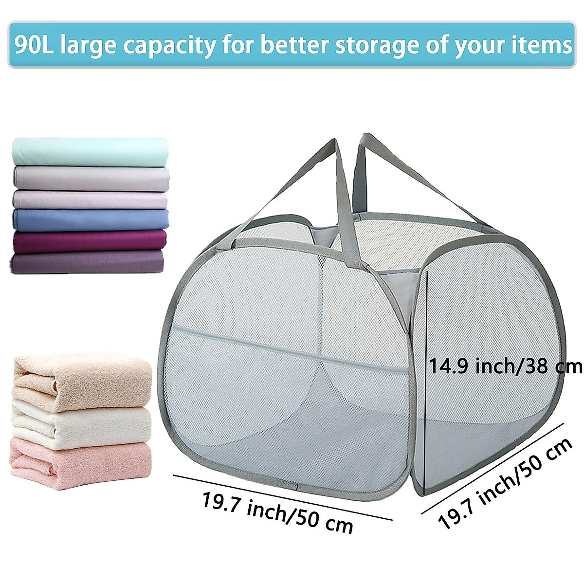 Kimmama Large Collapsible Mesh Laundry Basket,Foldable Pop Up Laundry Hamper with Side Pocket,Removable Clothes Storage Bin with Handle for Laundry Room,College Drom,Bathroom,Kid Room,Travel,95L