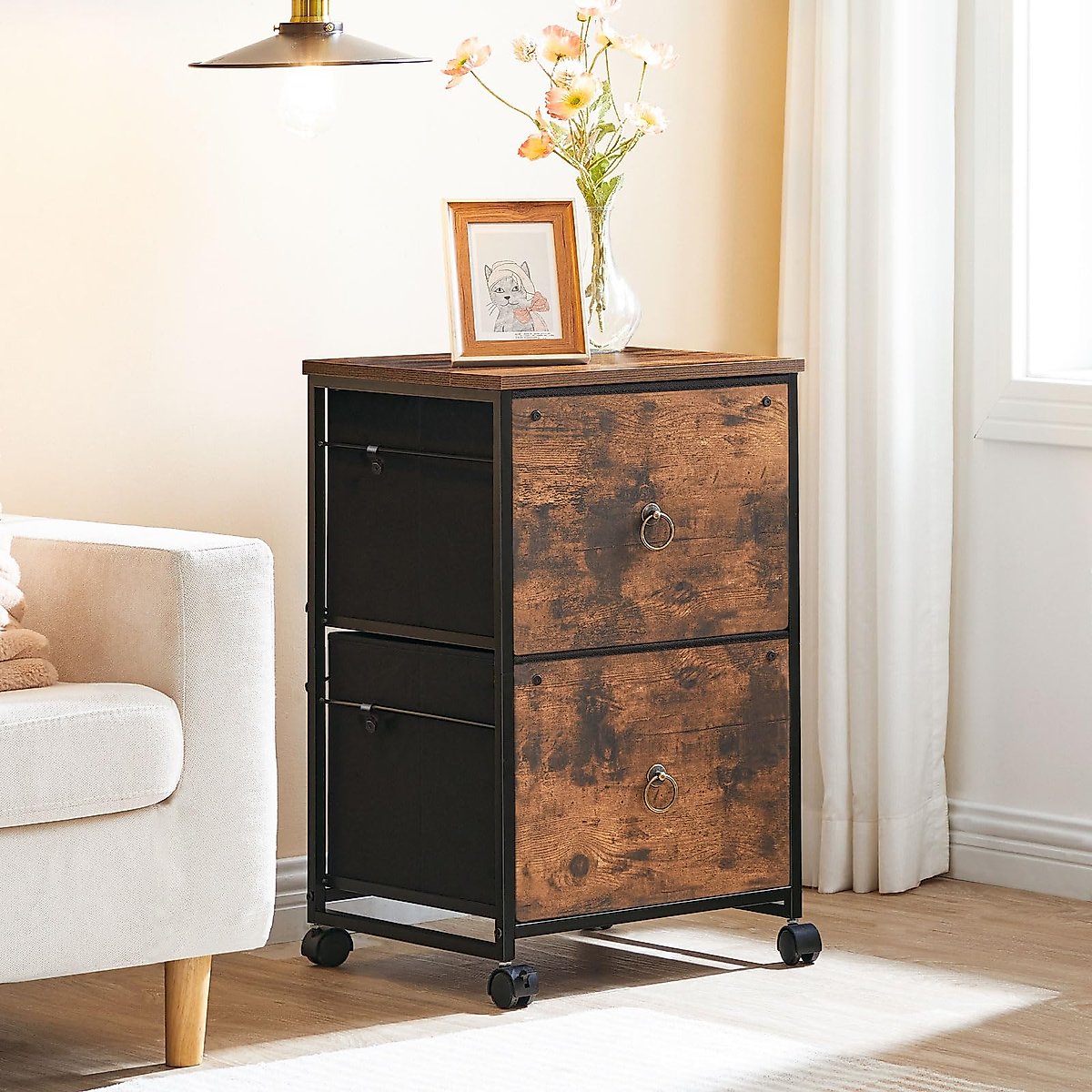 HOOBRO 2 Drawer Mobile File Cabinet, Rolling Printer Stand, Vertical Filing Cabinet, Office Cabinet, Filing Cabinet for Home Office, A4/Letter Size, Nonwovens Drawer, Rustic Brown BF20WJ01