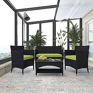 XXXDXDP 4PCS Patio Furniture Outdoor Garden Conversation Set Black Wicker 2 Armchairs+1 Double Sofa+1 Table w/Green Cushion