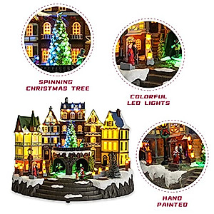 YQQY Christmas Village House, 12.4" H Large Size, Colourful LED Lights with Christmas Music, Rotating Christmas Trees and Roller Skaters, Christmas Decoration for Home (Yellow)