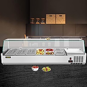 VEVOR Refrigerated Condiment Prep Station, 60-Inch, 16.8Qt Sandwich Prep Table w/ 4 1/3 Pans & 4 1/6 Pans, 146W Salad Bar w/ 304 Stainless Body Tempered Glass Shield Digital Temp Display Auto Defrost