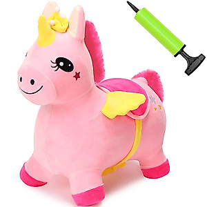 Bouncy Christmas Pink Unicorn Bouncer, Toddler Girl Bouncing Animal Hopper, Inflatable Plush Hopping Toy for Baby First Birthday Gift 36 Month 3 4 Year Old Kid