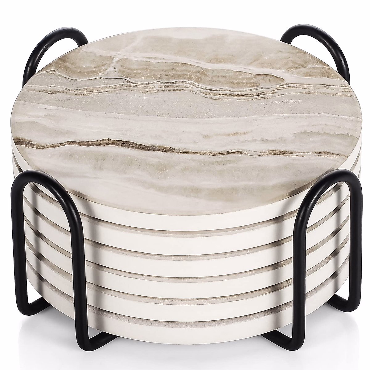 LIFVER Drink Coasters with Holder, Absorbent Coaster Sets of 6, Marble Style Ceramic Drink Coaster for Tabletop Protection,Suitable for Kinds of Cups, Wooden Table, Cool Home Decor, 4 Inches