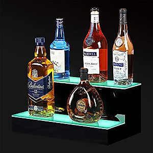 MESAILUP 16 Inch LED Lighted Liquor Bottle Display 2 Step Illuminated Bottle Shelf 2 Tier Home Bar Drinks Commercial Lighting Shelves with Remote Control (2 Tier, 16 inch)
