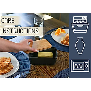 Nat & Jules Matte Black 6.5 x 4 Ceramic and Bamboo Butter Dish With Lid