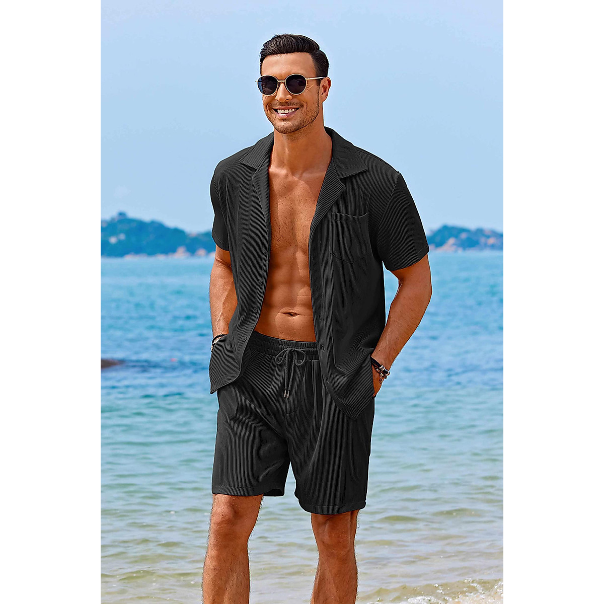 COOFANDY Men's 2 Pieces Shirt Sets Short Sleeve Casual Button Down Hippie T-Shirts Shorts Sets Summer Fashion Beach Outfits