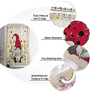 BULING 4Pcs Shower Curtain Set with Rugs,Farmhouse Ladybug Gnome with Daisy Sunflower Spring Summer Pattern Shower Curtain with 12 Hooks, Bath Mat, Toilet Lid Rug and Non-Slip U Shape Mat Accessories