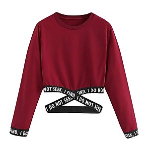 T-shirt for Women THENLIAN Women Letters Printing Long Sleeve Sweatshirt Short Pullover Tops Blouse(Red, S)