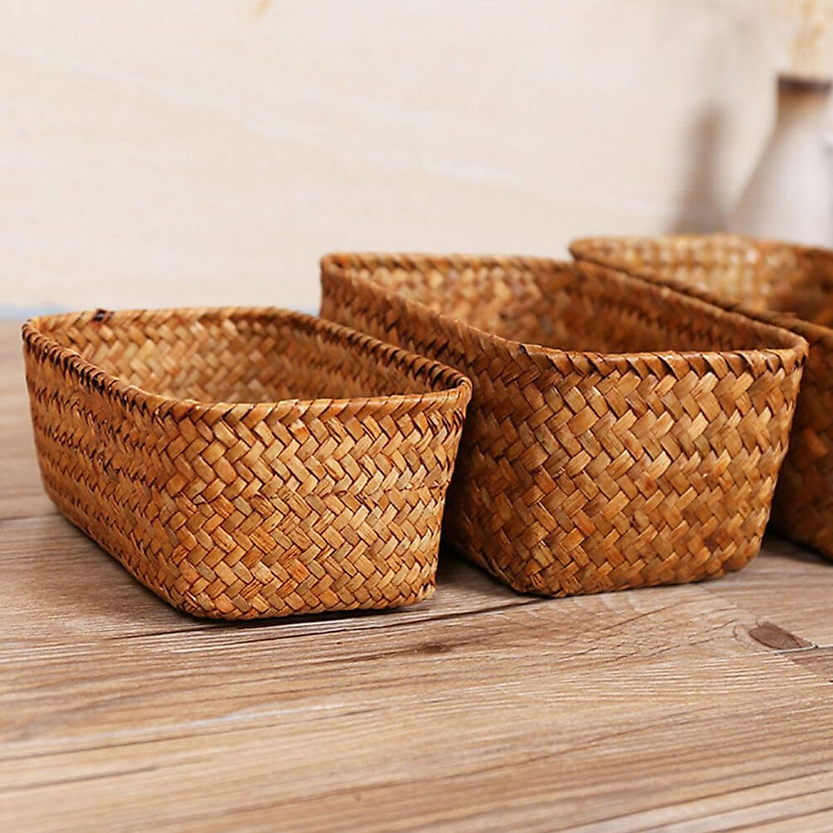 ABOOFAN Seagrass Storage Basket Woven Seagrass Desktop Basket Rectangular Organizer Box