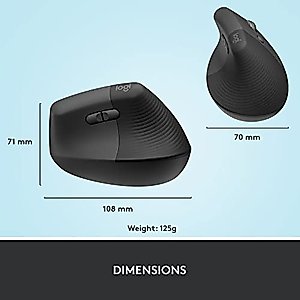 Logitech Lift Vertical Ergonomic Mouse, Wireless, Bluetooth or Logi Bolt USB receiver, Quiet clicks, 4 buttons, compatible with Windows/macOS/iPadOS, Laptop, PC - Graphite