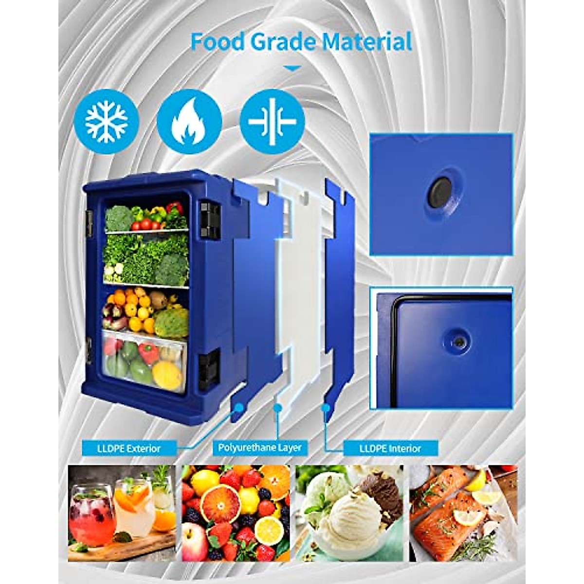 Muhub 127QT End-Loading Insulated Food Pan Carrier, LLDPE Material Food Box Carrier with Double Buckles, Front Loading Portable Food Warmer with Handles,Ideal for Canteen and Restaurant Use (Blue)…