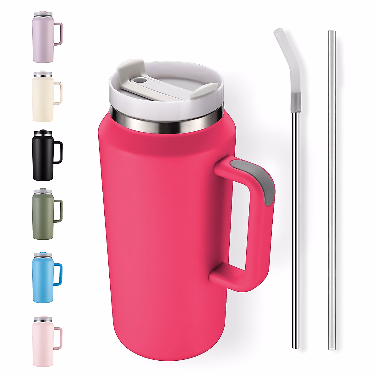 PlanetFlame 64oz Insulated Tumbler with Handle, Stainless Steel Double Wall Vacuumn Water Bottle, Lid and Straw for School, Gym, Hiking & Camping, Hot Pink