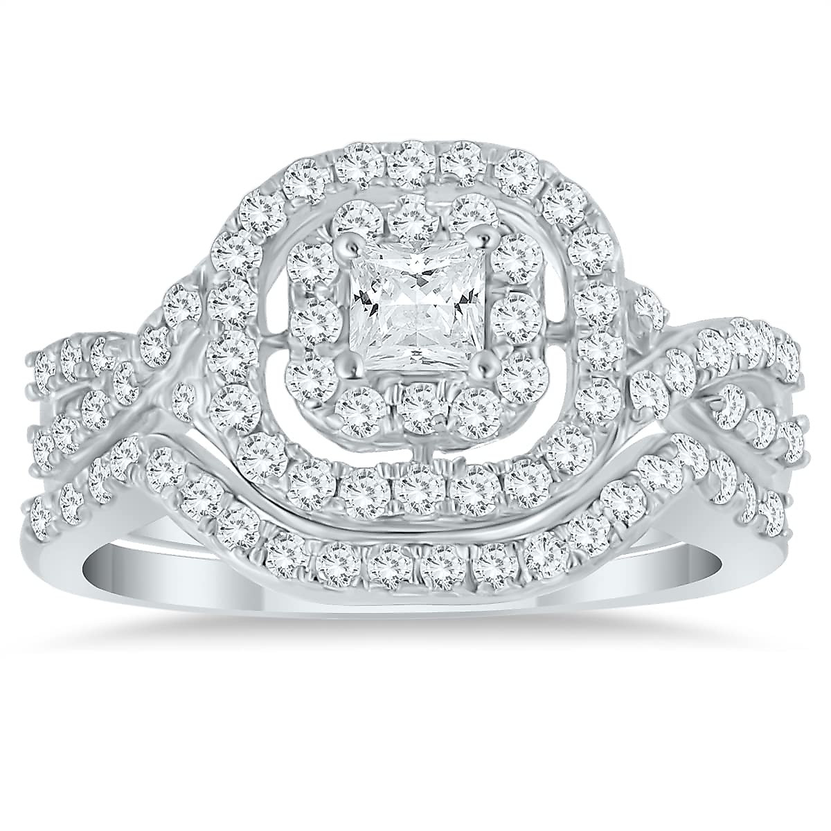 Certified 1 Carat TW Double Row Halo Princess Diamond Bridal Set in 10K White Gold (K-L Color, I2-I3 Clarity) - Size: 7.5