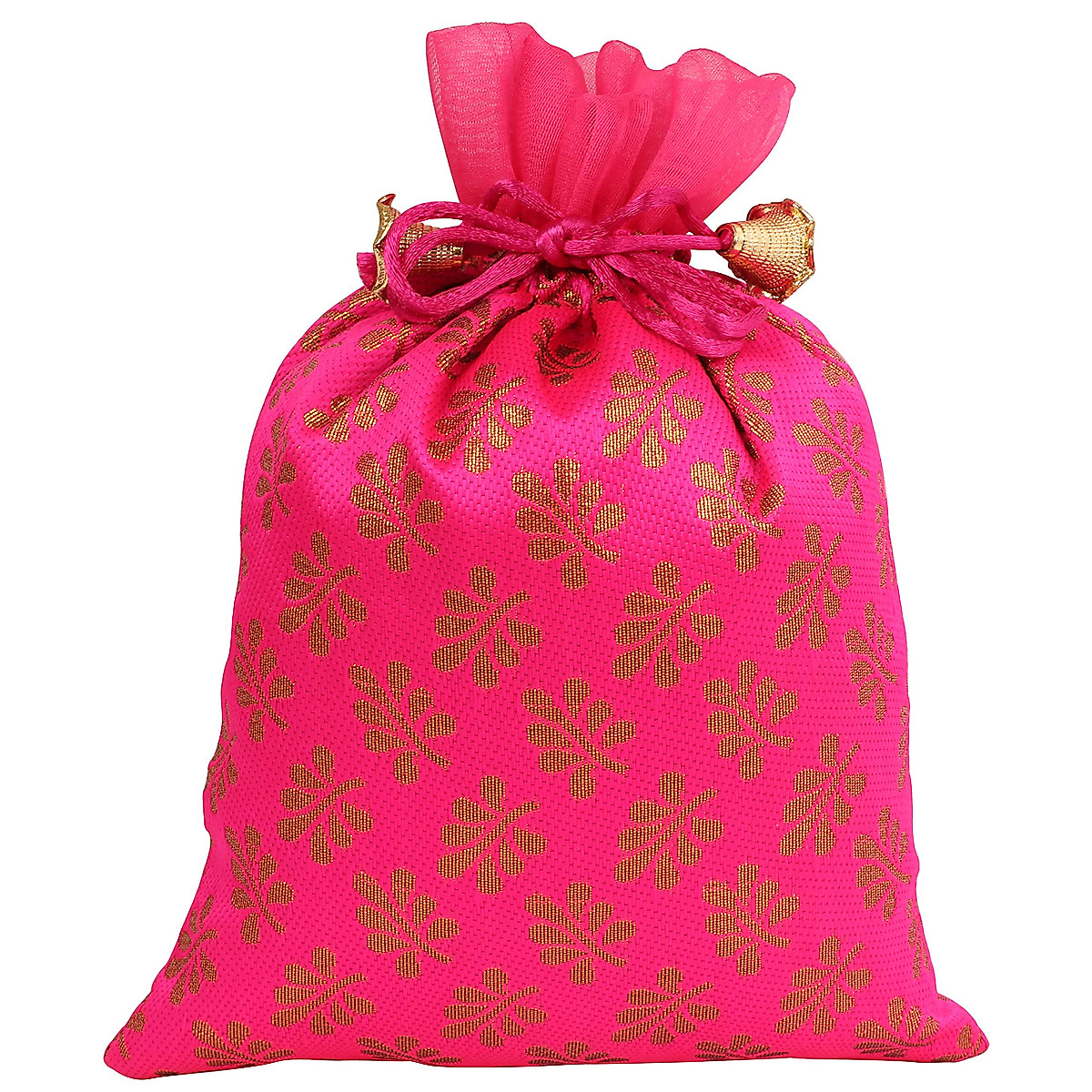 Touchstone Gorgeous Gift Wrapping bags reusable environment friendly Large Drawstring Mimosa Leaf Pattern Brocade for birthdays, wedding, return present packing set. pack of 9. 9x7 inches