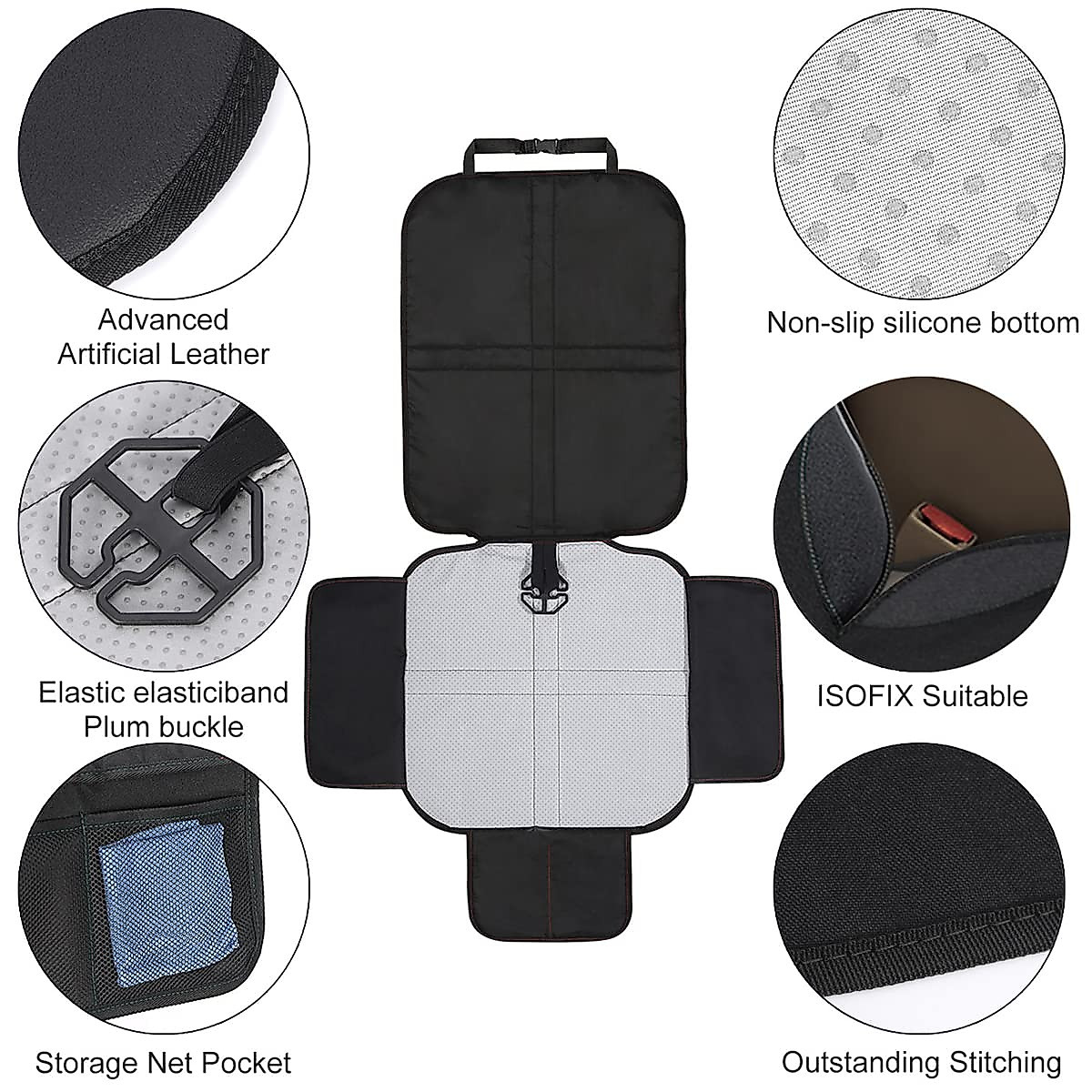 BESULEN Car Seat Protector for Child Car Seat, Anti-Slipt Auto Seat Cover Mat with Thickest Padding with Organizer Pockets for Under Baby Seat, Vehicle Accessories for Most Cars (Black Line)