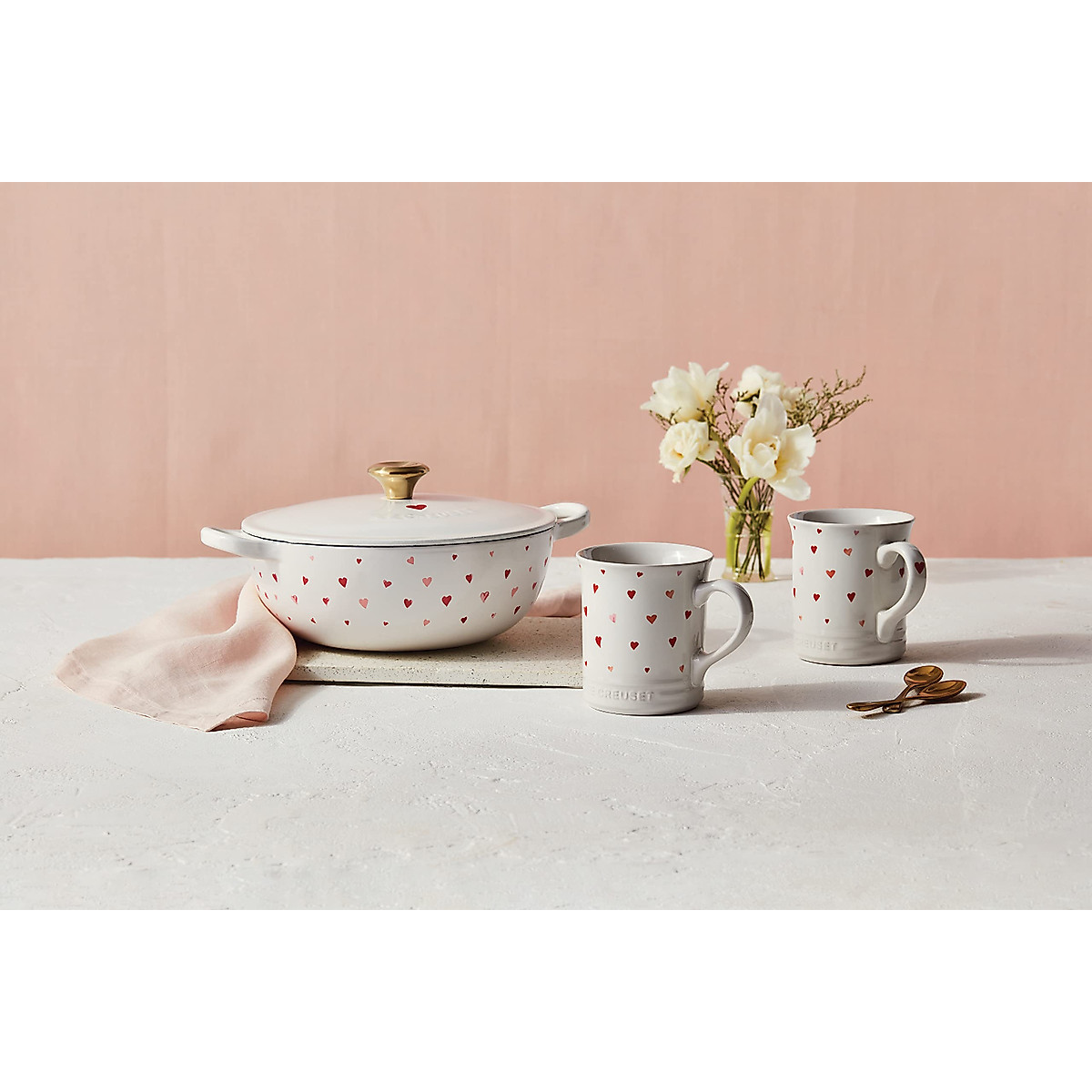 Le Creuset L'Amour Enameled Cast Iron Soup Pot, 2.75 Quarts, White with Heart Applique & Light Gold Knob