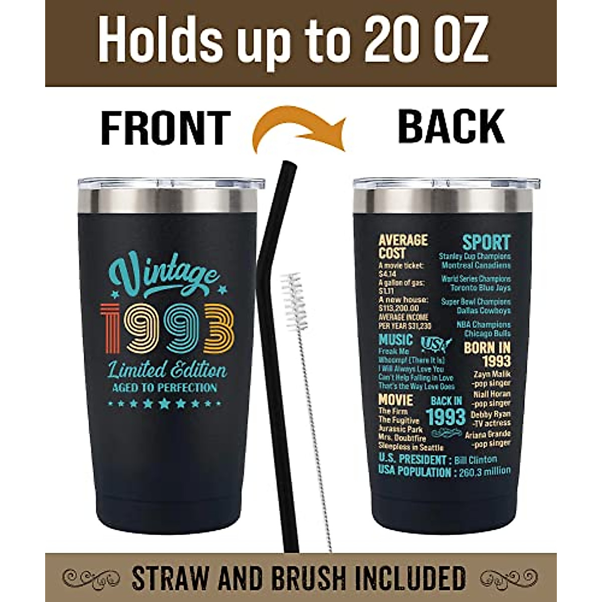 Henghere 30th Birthday Gifts for Men women, 30 Year Old Birthday Gift, Thirty Birthday Present, Happy Birthday Tumbler Cup Gifts（Black）