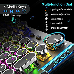 Basaltech Typewriter Style Mechanical Keyboard and Mouse Combo, Gaming Keyboard with Collapsible Wrist Rest, RGB Backlight Blue Switch Metal Penal, Round Keycaps Keyboard for PC