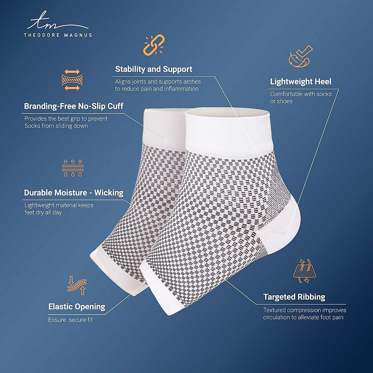 THEODORE MAGNUS Ankle Compression Sleeve - Plantar Fasciitis Braces with Foot Arch Support - Open Toe Compression Socks For Heel Spurs, Foot Swelling, Fatigue & Sprain - CS1-White-L