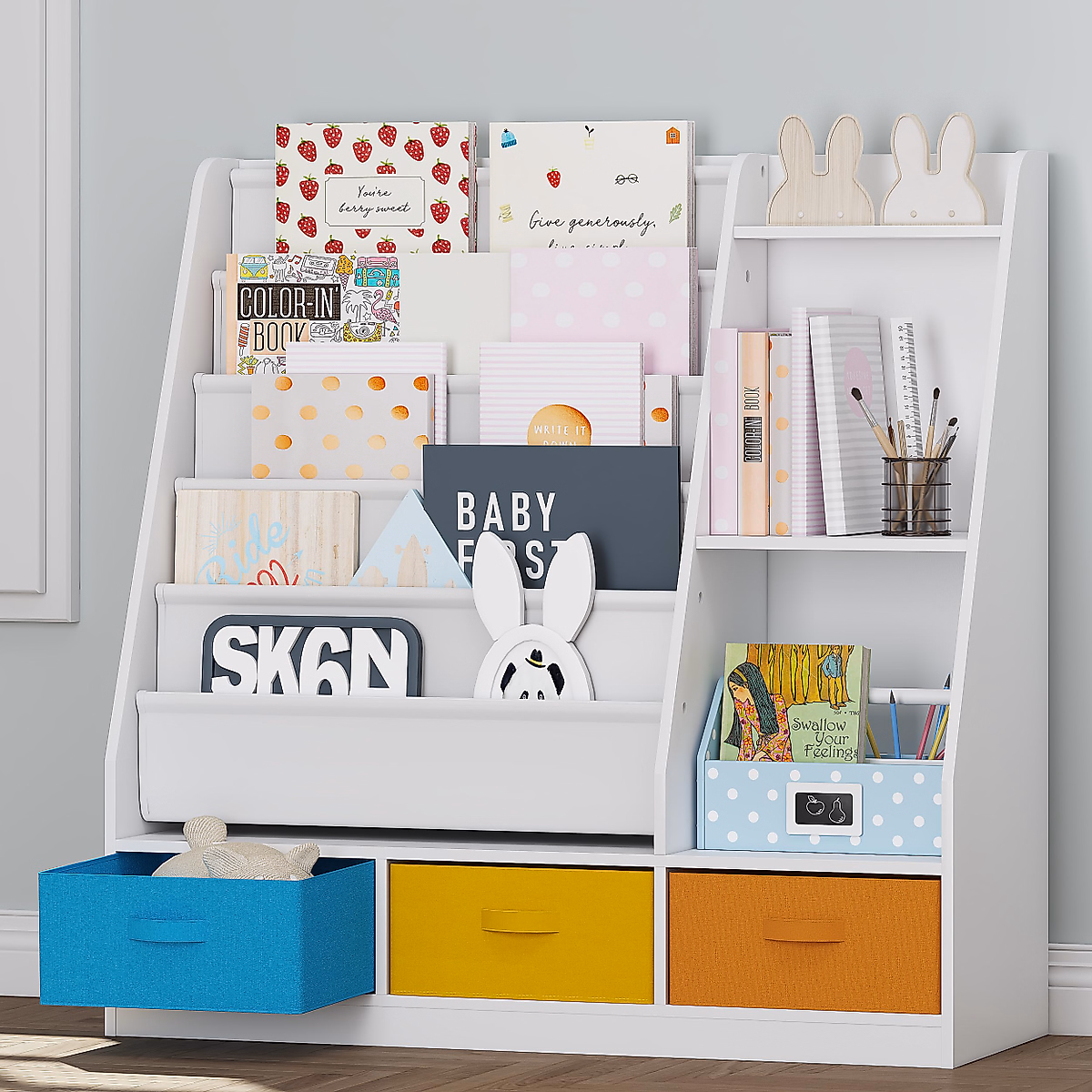 UTEX 5-Tier Kids Sling Bookshelf with Storage Bins, Wood Children Bookcase, Toddler Montessori Book Shelf for Kids Room, Classroom, Bedroom, and Nursery, White