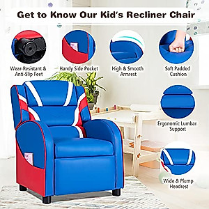 Costzon Kids Recliner, Gaming Recliner Chair w/Footrest, Headrest, Lumbar Support & Side Pockets, Ergonomic Leather Lounge Chair for Living & Gaming Room, Adjustable Recliner Sofa for Boys Girls, Blue