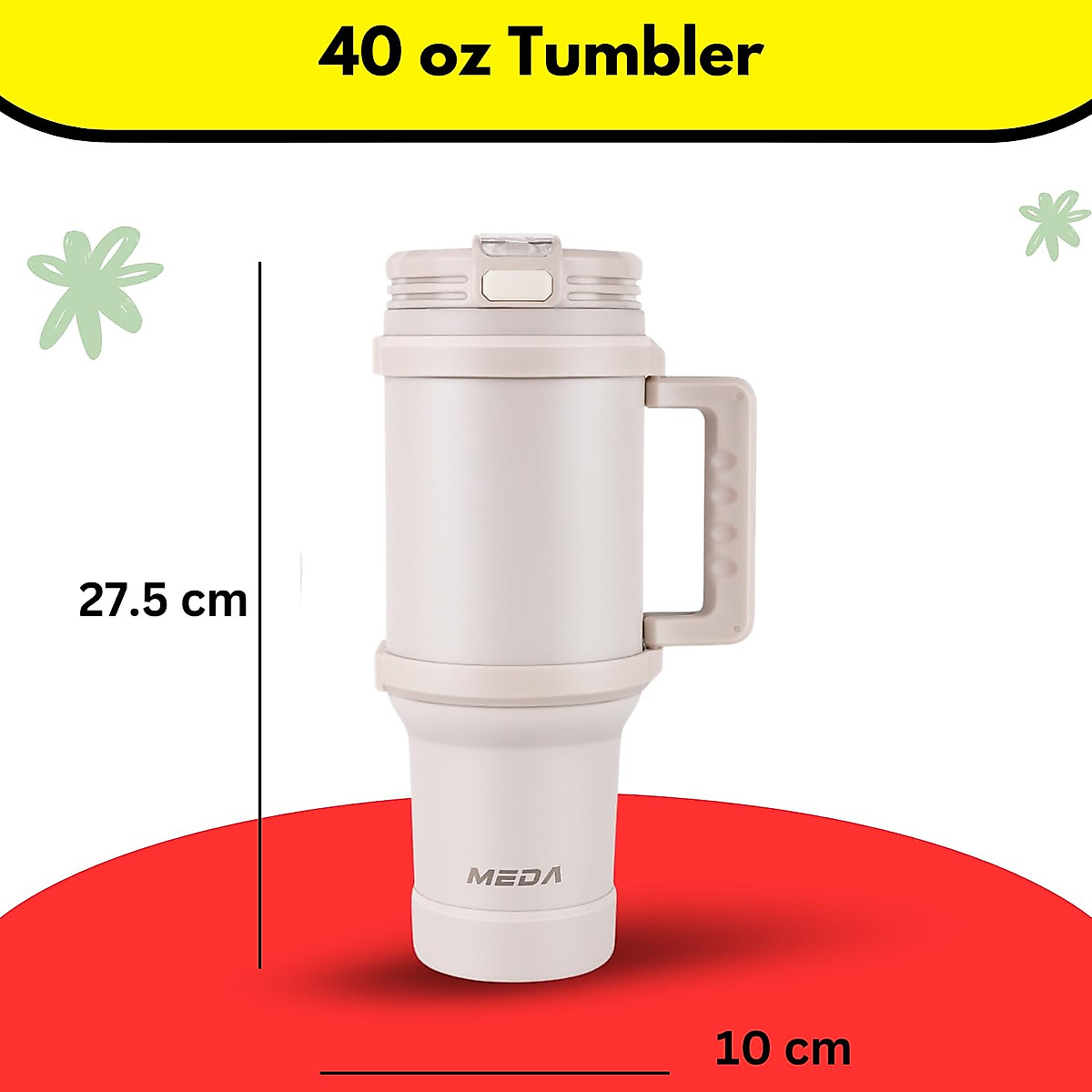 MEDA 40 oz Tumbler with Foldable Handle – Insulated, Reusable Stainless Steel Travel Coffee Mug – Perfect for Travel, Water, Iced Tea, Coffee – Ideal Easter Gift (Cream)