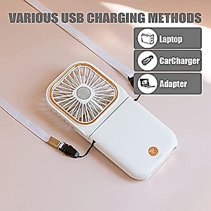 TeochewTech Mini USB Rechargeable Portable Necklace Fan with Function 3 Speeds Wind Adjustable, Desk Fan with Cell Phone Stand for Women Girls Office Outdoor Travel, F30-WHITE, White