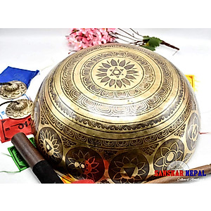 Large Singing Bowl - 16 Inches in Diameter - Buddha's Feet Etched by Artisans from Nepal - For Healing, Sound Bath, Yoga, Relaxation, and Meditation Gold