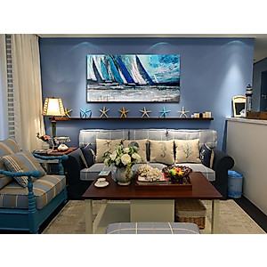 Arjun Blue Abstract Wall Art Canvas Teal Ocean Sailboat Picture Modern Turquoise Coastal Nautical Painting Large 48"x24" Framed Textured Artwork for Living Room Bedroom Bathroom Home Office Wall Decor