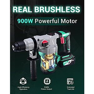 DCA 20V MAX Brushless Rotary Hammer Drill, 4.5 Joule, 3800BPM, 1-1/8 Inch SDS-Plus, Cordless Heavy Duty Rotary Hammer Drill, 5.0Ah Battery, 4A Fast Charger, Safety Clutch, 4 Drill Bits and 2 Chisels