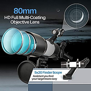 Telescope for Adults Kids Beginners, 3 Rotatable Eyepieces 80mm Aperture HD Refractor Telescope for Astronomy, 16~44X High Magnification, with Phone Photo Adapter, Carry Bag