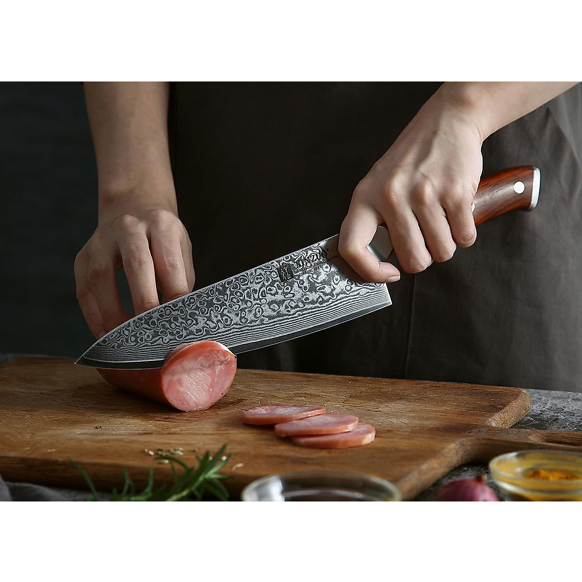 XINZUO Damascus 15-pc Kitchen Knife Set with Acacia Wood Knife Block, 67 Layers Damascus Steel Sharp Professional Cooking Knife Set -Multifunctional Kitchen Shears and Honing Steel -Rosewood Handle