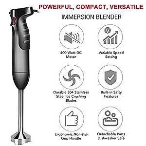 iCucina 4-in-1 Variable Speed Immersion Hand Blender, Powerful 400W DC Motor, One Button Operation Smart Stick Blender with Whisk, Beaker, Chopper attachments, Black