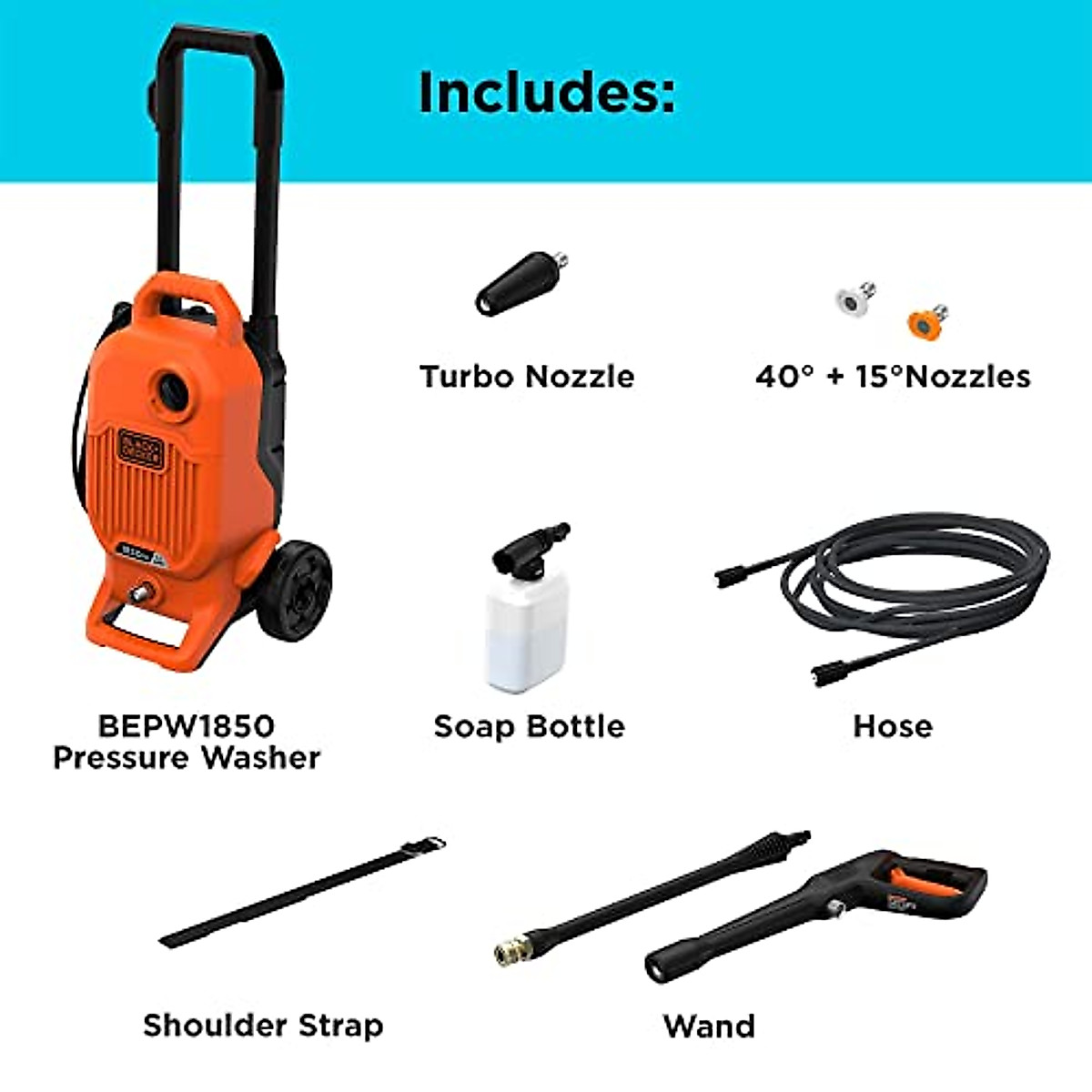 BLACK+DECKER Electric Pressure Washer, Cold Water, 1850 PSI, 1.2 GPM (BEPW1850)