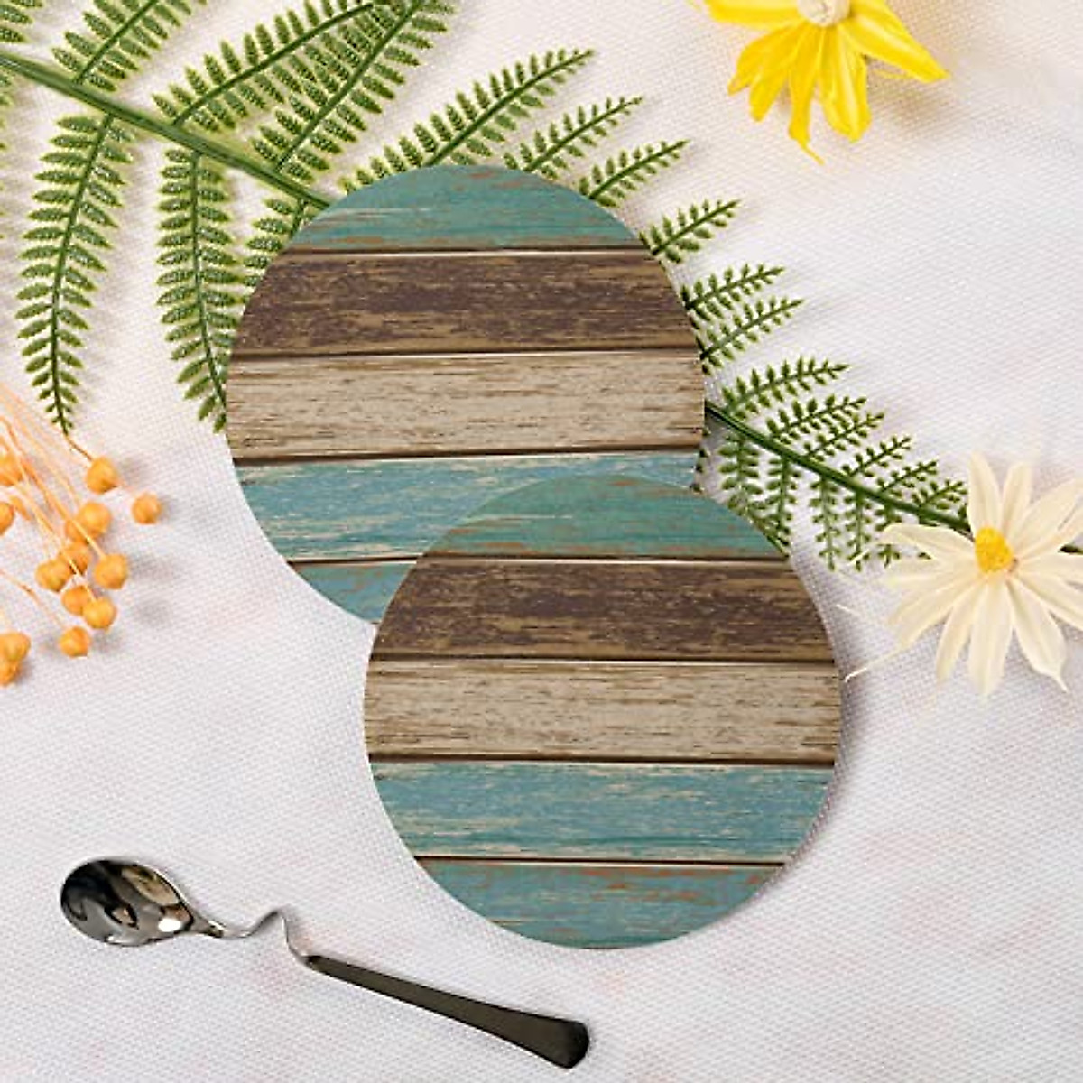 Teal Green Brown Retro Rustic Wood Texture Drinks Coasters, Non-Scratch Cork Base Round Cups Mats for Home Kitchen Bar Decor