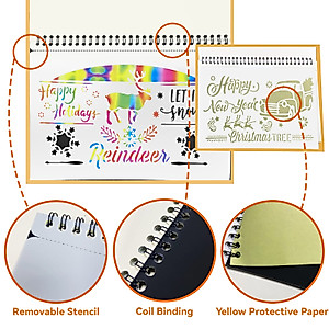 Christmas Scratch Paper Art Notebooks, 24 Piece Set of 14 Sheets Rainbow Magic Scratch Off Paper, 10 x 7 Inches, with 6 Xmas Stencils, 3 Scratcher Sticks, and 1 Cleaning Brush for Kid, Adult and more